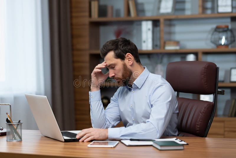 Mature Pensive Sad Businessman Working Inside Office, Boss Using Laptop ...