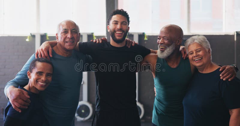 Mature People, Personal Trainer and Portrait in Gym Class for Exercise ...