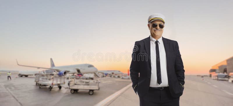 Mature Pilot in a Uniform Posing on an Airport Stock Photo - Image of ...