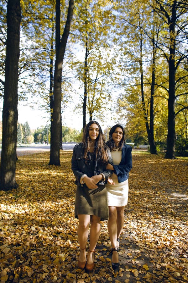 Mature Real Mother with Daughter Outside Autumn Fall in Park Stock ...
