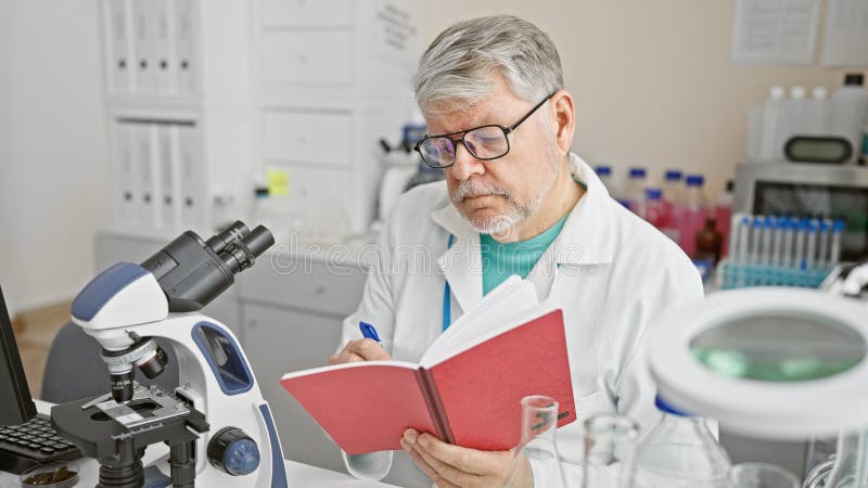 Mature Scientist Man with Grey Hair in Lab Coat Studying Notes and ...
