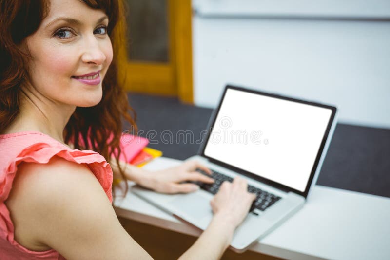 Mature Student in Lecture Hall Using Laptop Stock Image - Image of ...