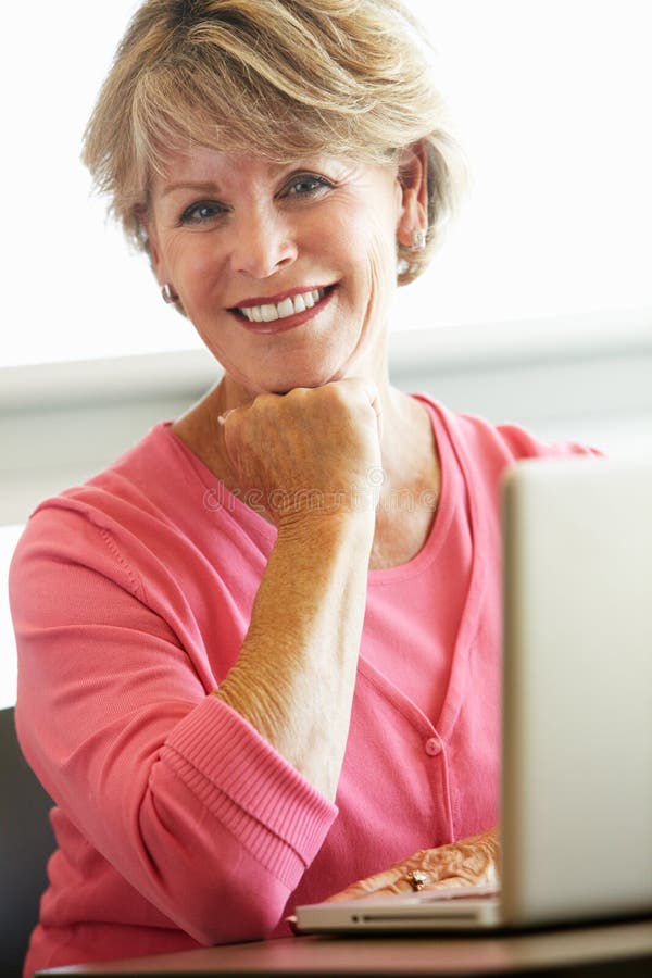 Mature Student Using Computer in Class Stock Photo - Image of learn ...