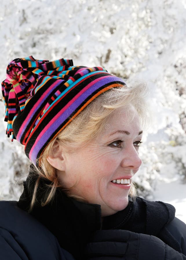 Mature Woman Bundled Up in Snow Stock Photo - Image of fleece, frigid ...