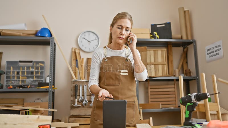 Mature Woman Multitasking in Workshop Using Phone and Tablet Stock ...