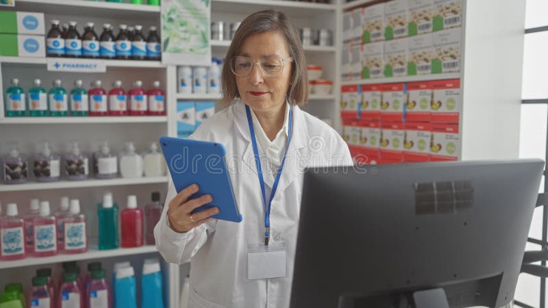 Mature Woman Pharmacist Using Tablet in a Modern Drugstore Stock Photo ...