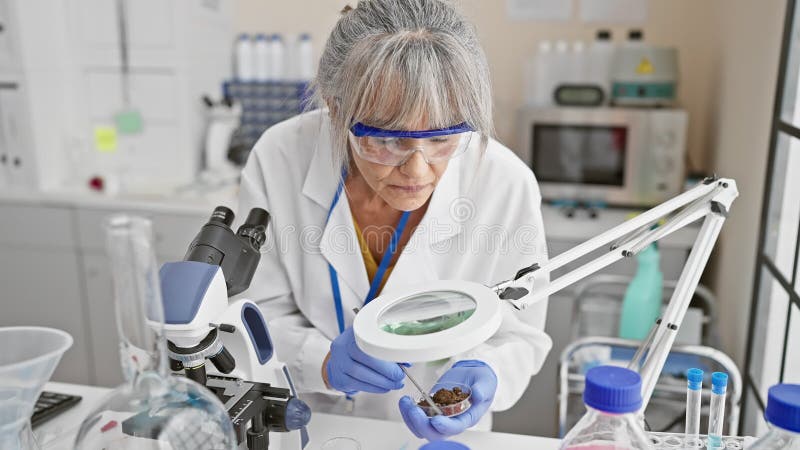 Mature Woman Scientist Examining Specimen in Laboratory Setting with ...