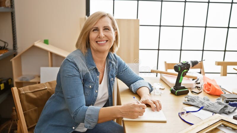 Mature Woman Smiling while Taking Notes in a Sunny Carpentry Workshop ...