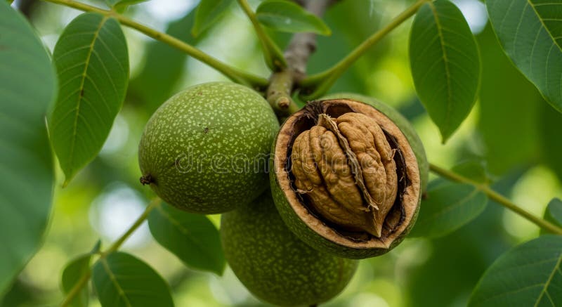 Maturing Walnut on Tree Branch with Split Outer Shell Showing the Nut ...