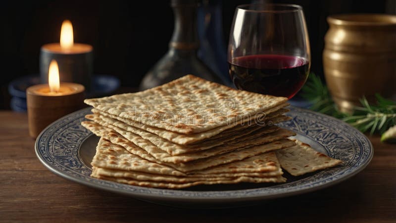 Matzo for Passover with Seder Meal with Wine on Plate on Table Close Up ...