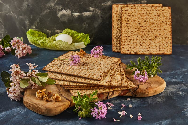 Matzo Stack on Wooden Board with Flowers, Walnuts for Floral Design ...