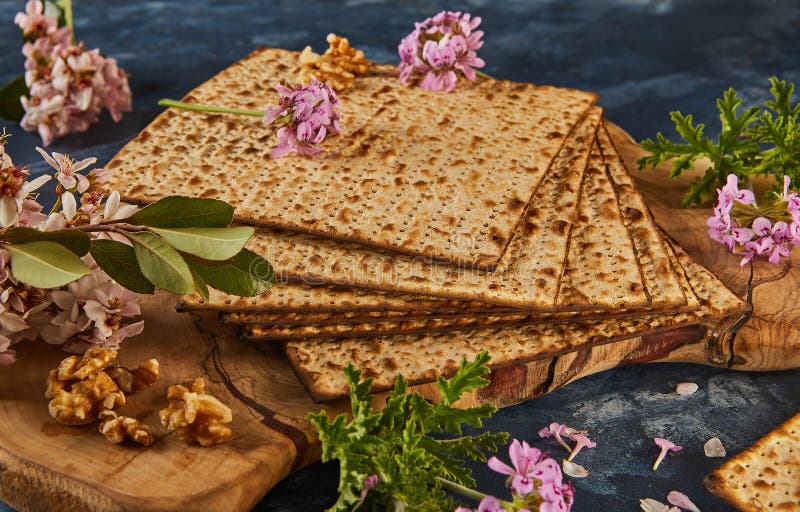 Matzo Stack on Wooden Board with Flowers, Walnuts for Floral Design ...