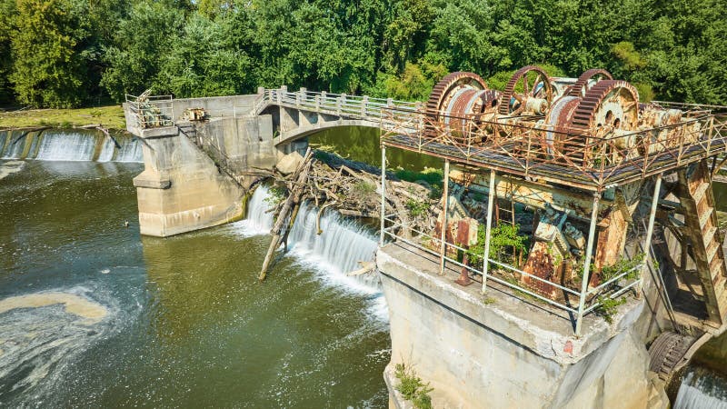 Maumee River Dam Rusty Gears and Equipment Aerial with Tree Logs Under ...