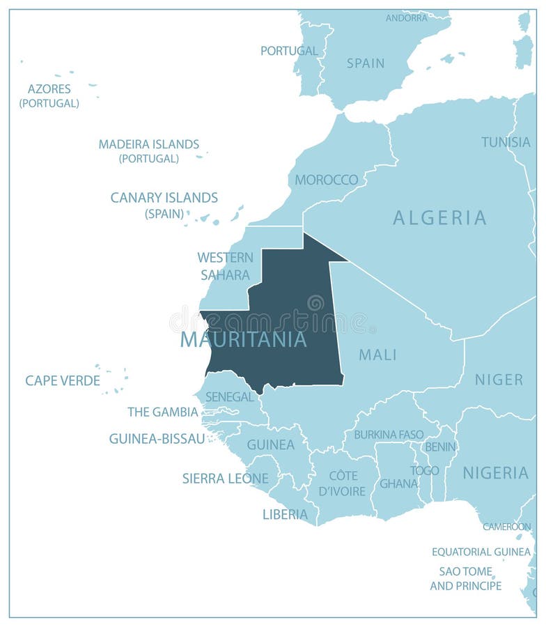 Mauritania - Blue Map with Neighboring Countries and Names Stock ...