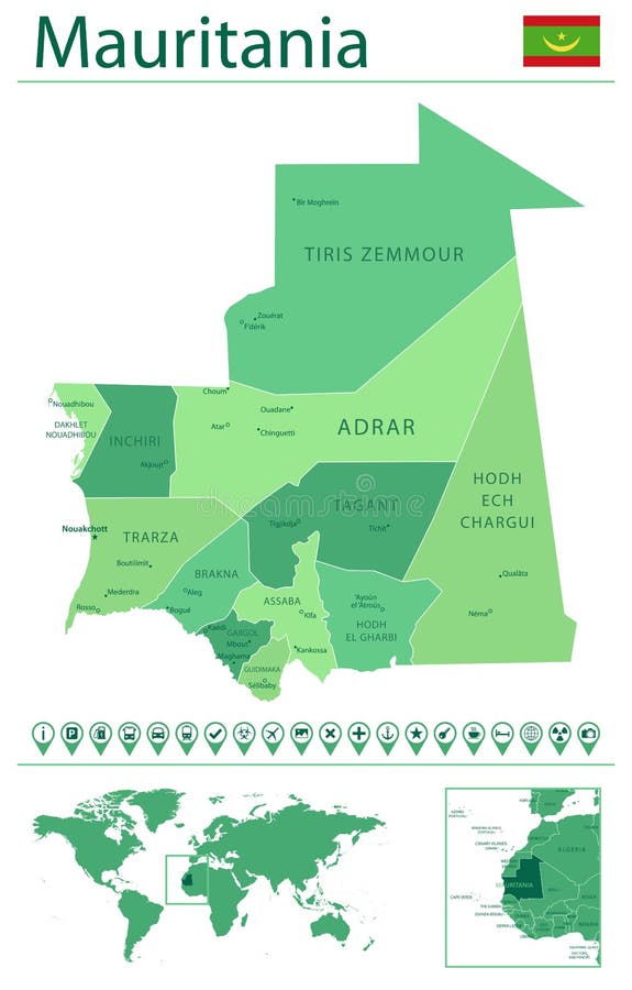 Mauritania Detailed Map Highlighted On Blue Rounded World Map Stock