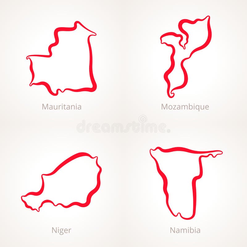Mauritania, Mozambique, Niger and Namibia - Outline Map Stock Vector ...