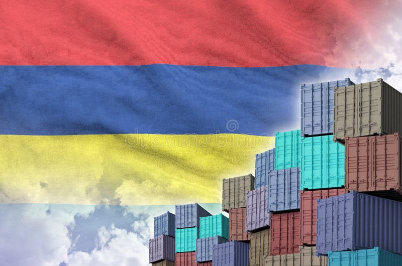 Mauritius Flag Big Stack Shipping Cargo Containers Docks Sky Background ...