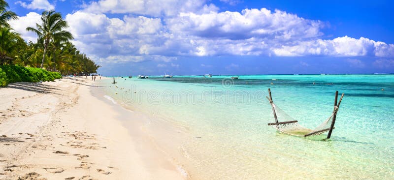 Mauritius Island Holidays. Beautiful Beach Scene with Hammock Stock ...