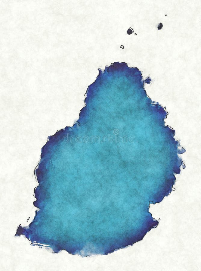 Mauritius Map with Drawn Lines and Blue Watercolor Illustration Stock ...