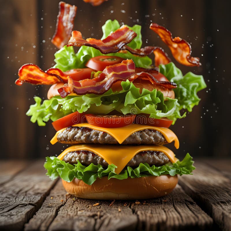 Maxi Hamburger, Double Cheeseburger with Flying Ingredients Isolated on ...