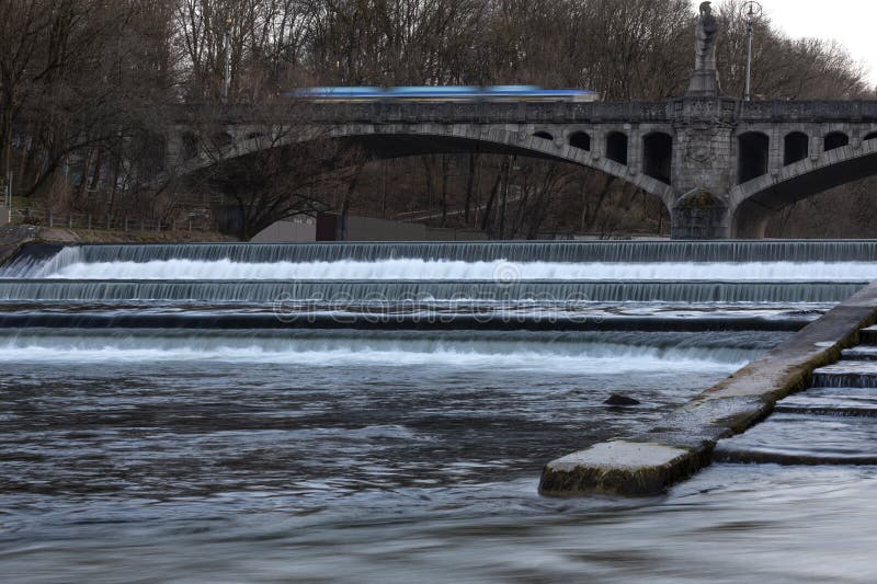 Maximilian Bridge with Barrage in the Isar, Munich, Germany Stock Image ...
