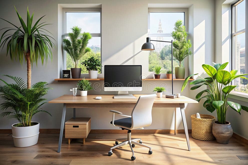 Maximize Your Productivity a Modern Office Desk Setup Featuring Plants ...