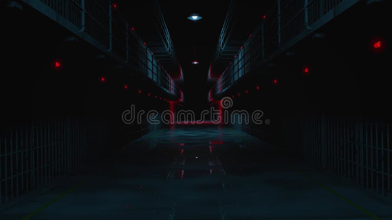 Maximum Security Prison Escape at Night. Camera Passing by Cells and ...