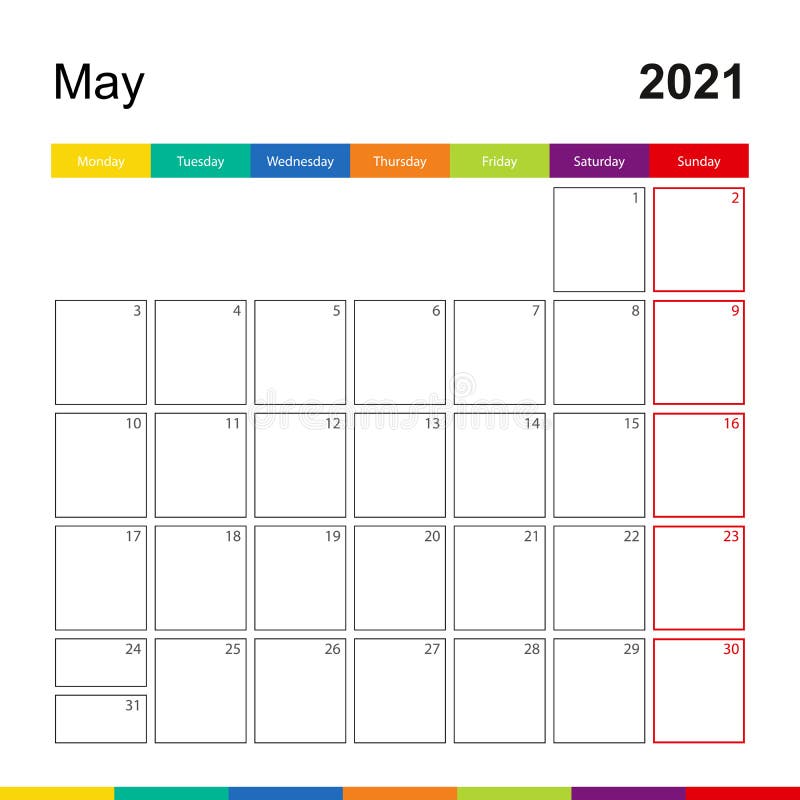 May 2021 Colorful Wall Calendar, Week Starts on Monday Stock Vector ...