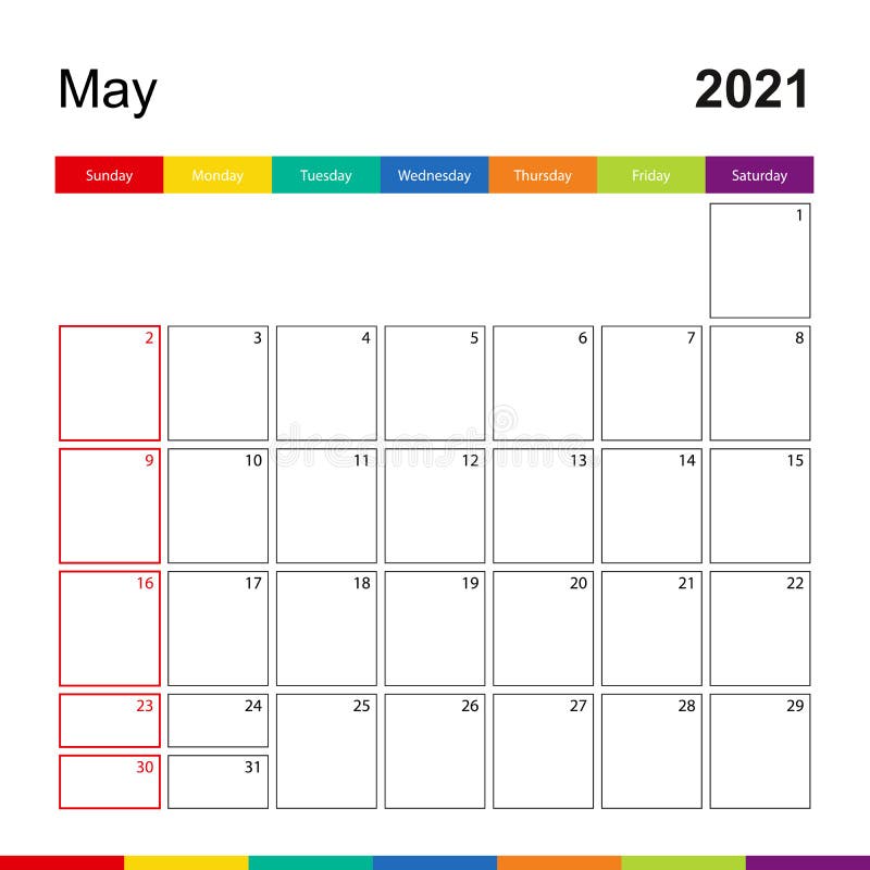 May 2021 Colorful Wall Calendar, Week Starts on Sunday Stock Vector ...