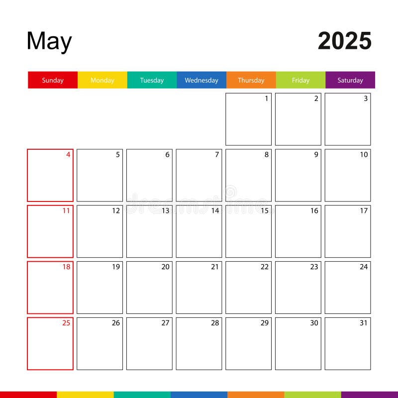 May 2025 Colorful Wall Calendar, Week Starts on Sunday Stock Vector ...