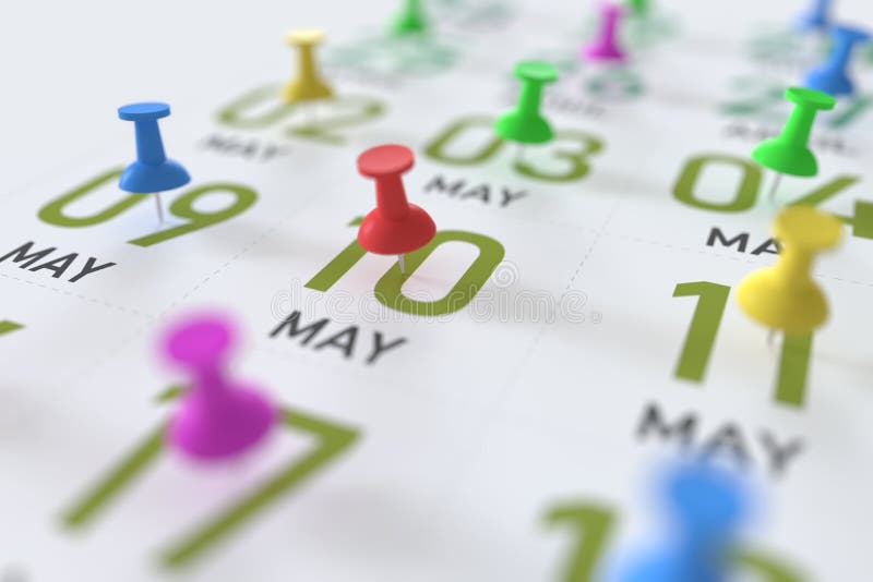 May 10 Date and Push Pin on a Calendar, 3D Rendering Stock Illustration ...