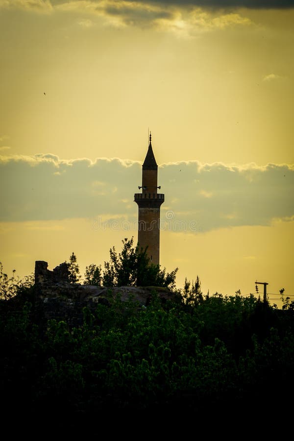 8 May 2022 Diyarbakir Turkey. Backlit Minaret Mosque in Diyarbakir ...