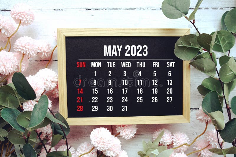 May 2023 Monthly Calendar with Maple Leaf on Wooden Background Stock ...