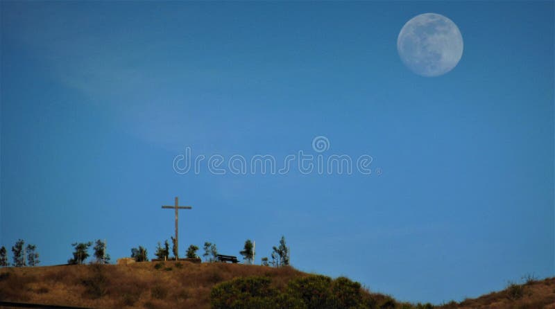 May Moon and Cross on a Hill Stock Photo - Image of bushes, moon: 219661848
