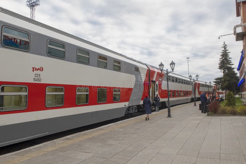 Passenger Train with Double Deck Cars Editorial Photography - Image of ...