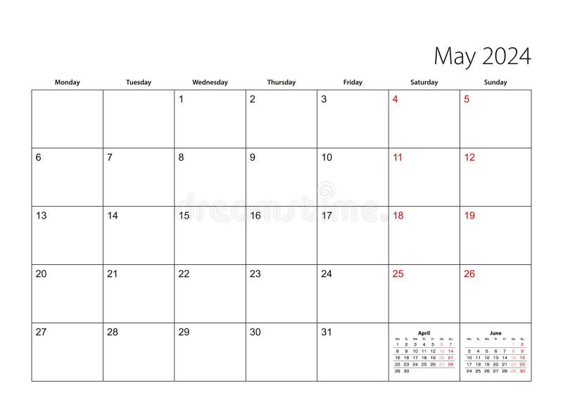 May 2024 Simple Calendar Planner, Week Starts from Monday Stock Vector ...