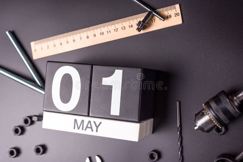 May 1st. Day 1 of May Month, Calendar on Black Background with Workers ...