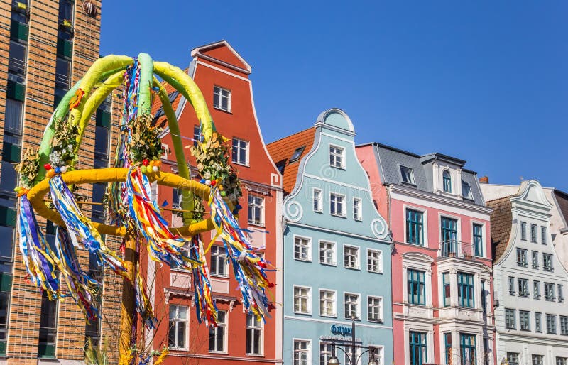 May Tree and Colorful Houses in Rostock Editorial Stock Image - Image ...