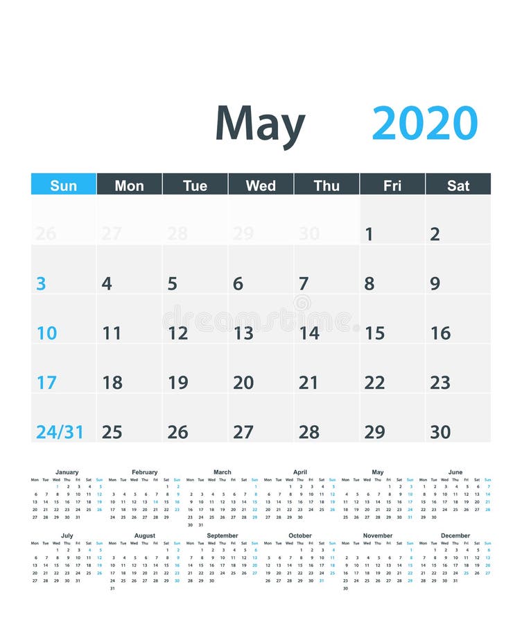May 2020 wall calendar stock vector. Illustration of planning - 170928740