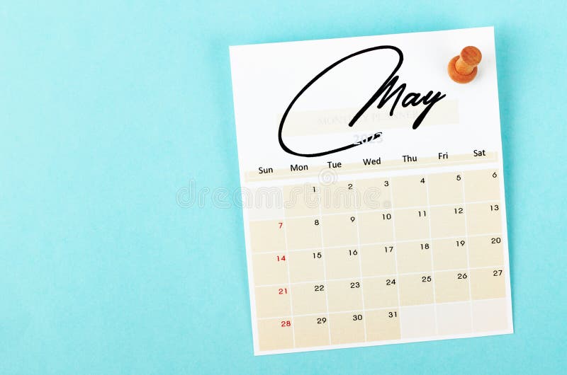 The May 2023 and Wooden Push Pin on Blue Background Stock Photo - Image ...