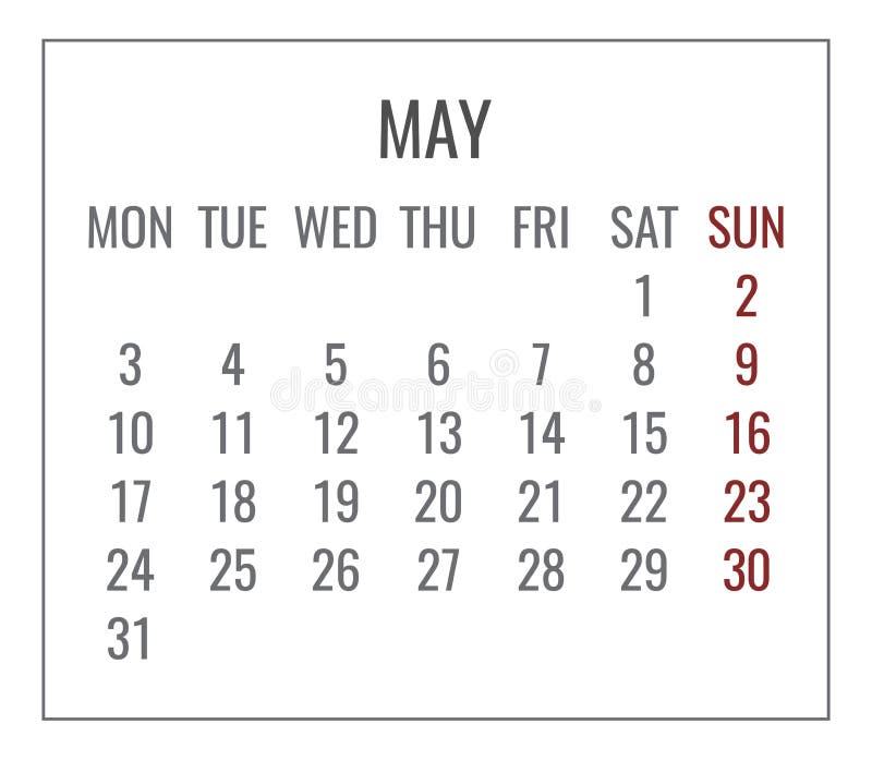 May Year 2021 Monthly Minimalist White Calendar Stock Vector ...