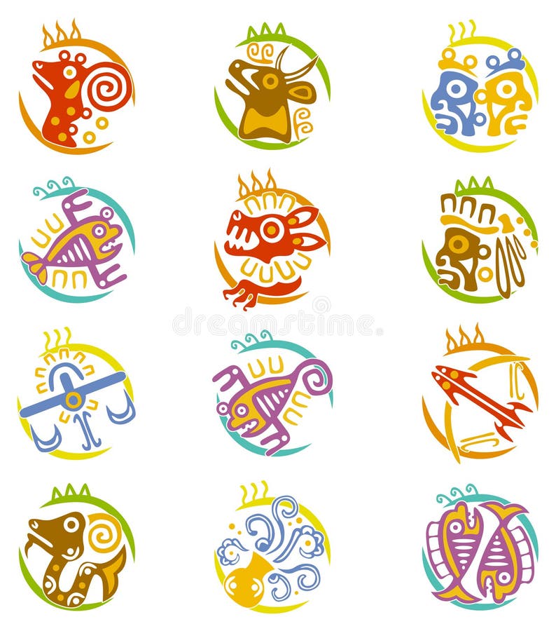 Maya Art Stylized Zodiac Signs Stock Vector - Illustration of bull ...