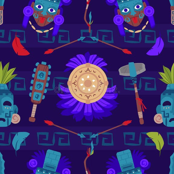 Maya Civilization Attributes Seamless Pattern, Flat Vector Illustration ...