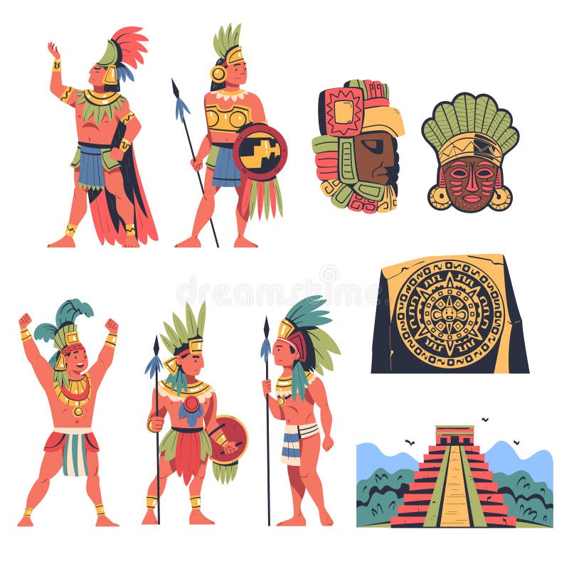 Maya Civilization People and Artifacts Set Cartoon Vector Illustration ...