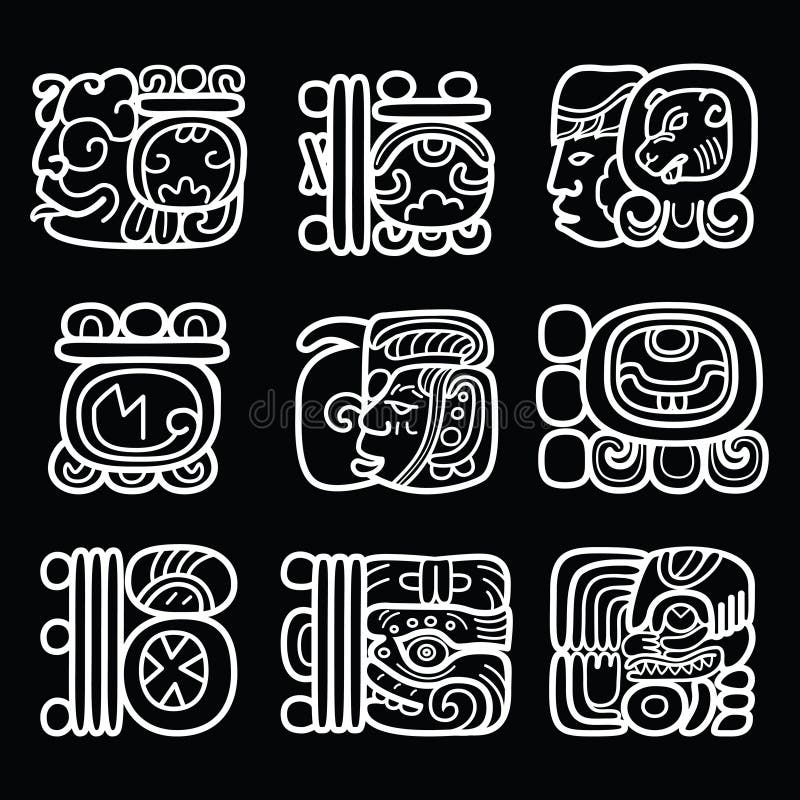 Maya Glyphs, Writing System and Language Vector Design on Black ...