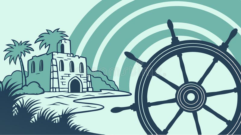 Mayan Coast Ancient Pyramid by a Ship S Helm and Ocean, Vector Design ...