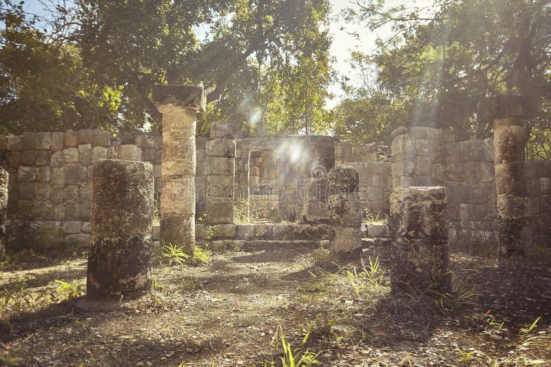 Mayan Columns and Sun Rays stock photo. Image of itza - 254171926