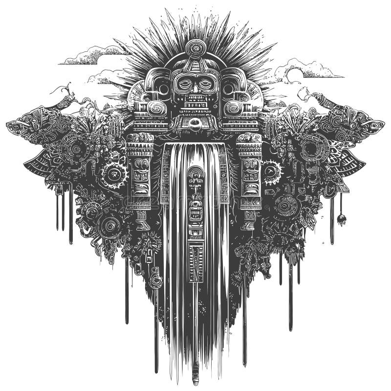 Intricate Mayan-Inspired Steampunk Waterfall Design, Ancient ...