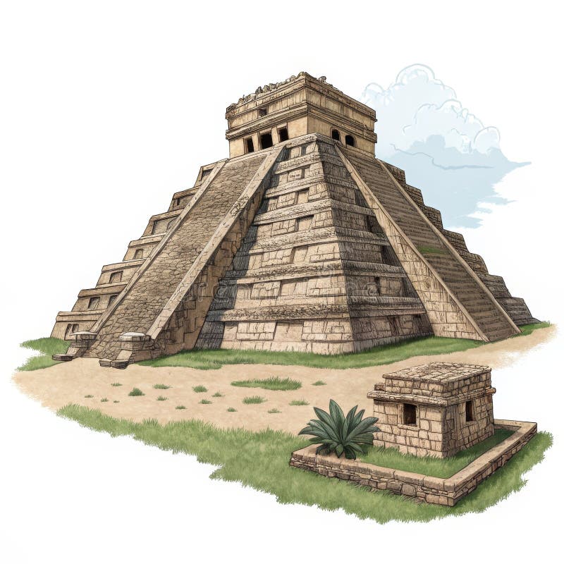 Mayan Pyramid Illustration, Colored Pencil Drawing, Stepped Structure ...