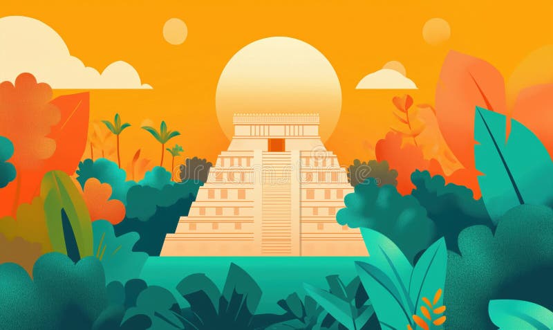 Mayan Pyramid Surrounded by Lush Jungle, Vibrant Sunset, Tropical ...